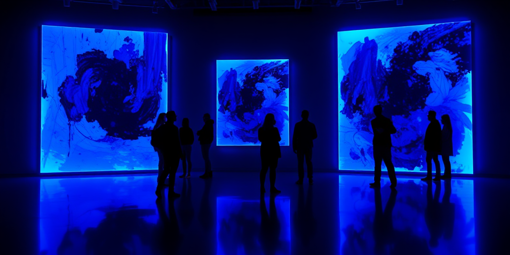 Visitors Engaging with Vibrant Blue Artwork in Contemporary Art Gallery ...