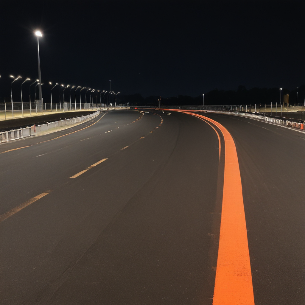 a neon starting line in a dark race track
