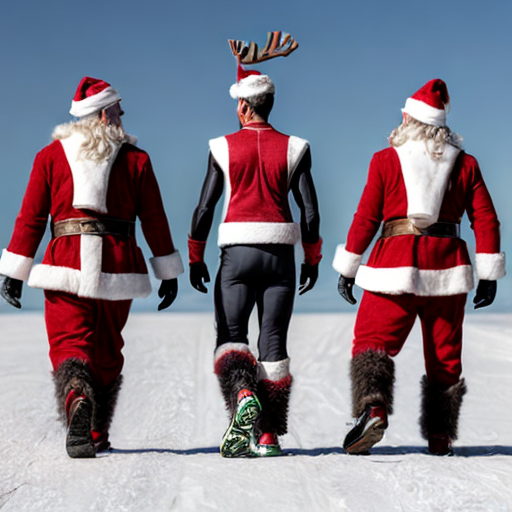 santa with elves and reindeer exercising in north pole