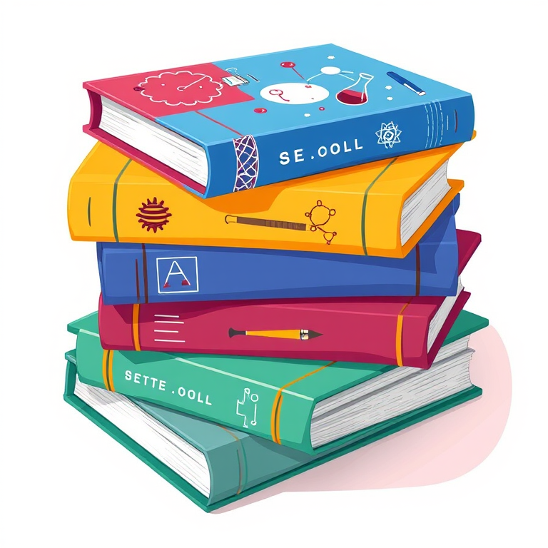 Colorful Stack of Educational Books Featuring Science, Art, and Knowledge Themes