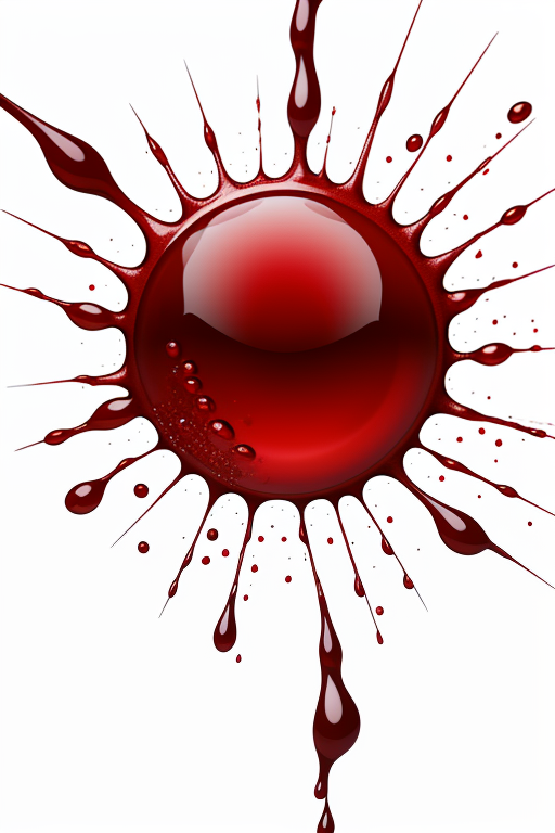 Vivid Red Droplet Surrounded by Splashes of Blood on White Background