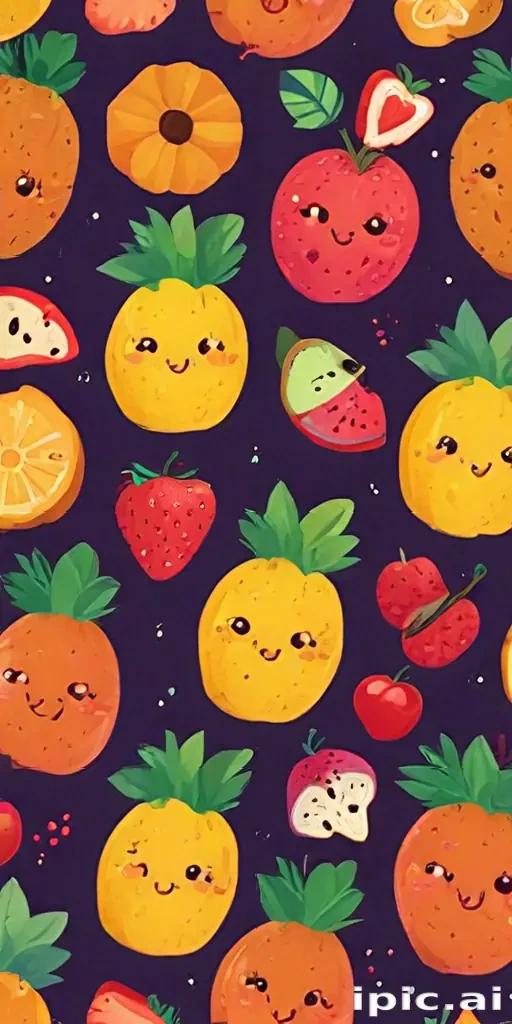 Colorful and Whimsical Fruit Pattern Featuring Happy Faces on a Dark ...