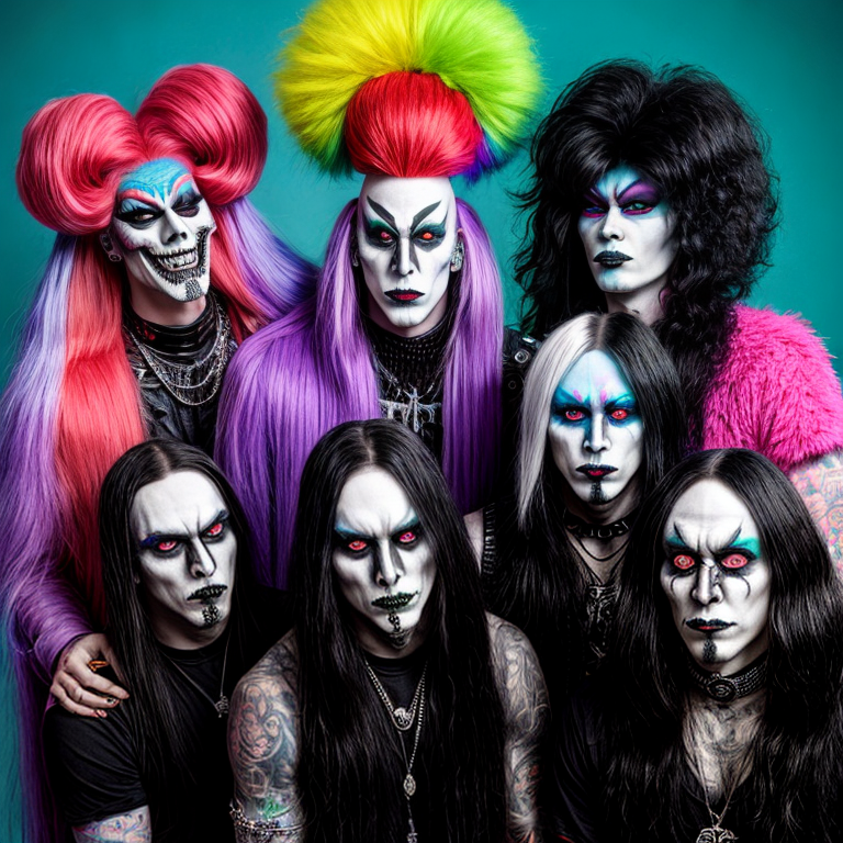 A black metal band conformed by colorful happy drag queens