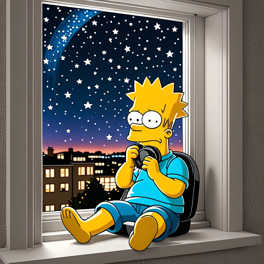 Bart Simpson with headphones sitting at the window looking at the stars