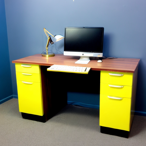 side view office desk and chair, some office props on the desk