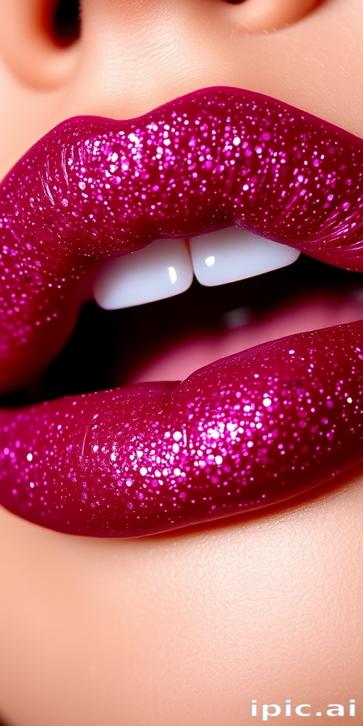 Close-Up of Glossy, Glittery Pink Lips with a Shimmering Finish