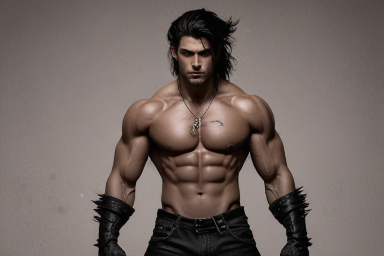 Werewolf demi-human male, dark skin, black hair, black wolf tail, black ...