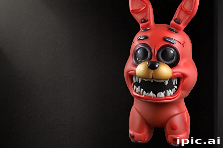 Vibrant Red Toy Bunny with a Sinister Grin Against a Dark Background