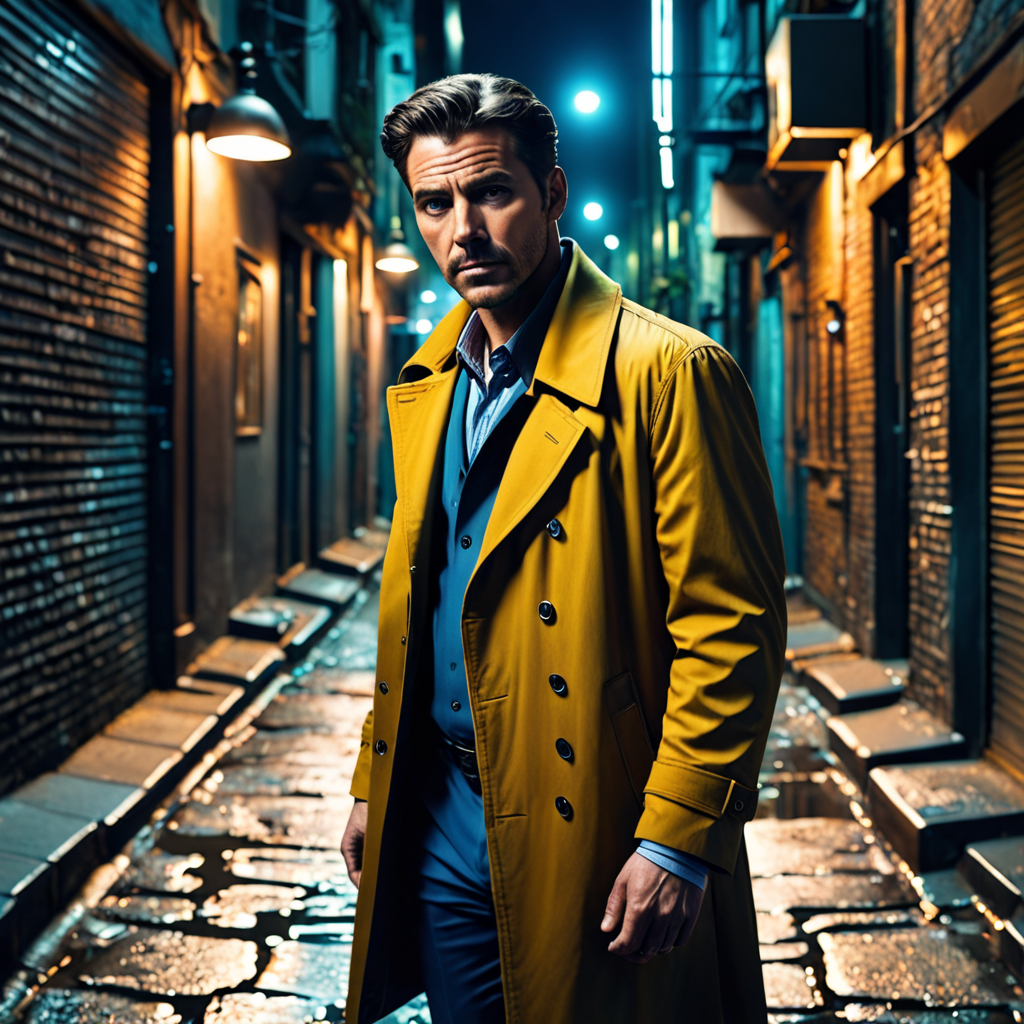 a futuristic male detective in a vibrant outfit investigates a ...