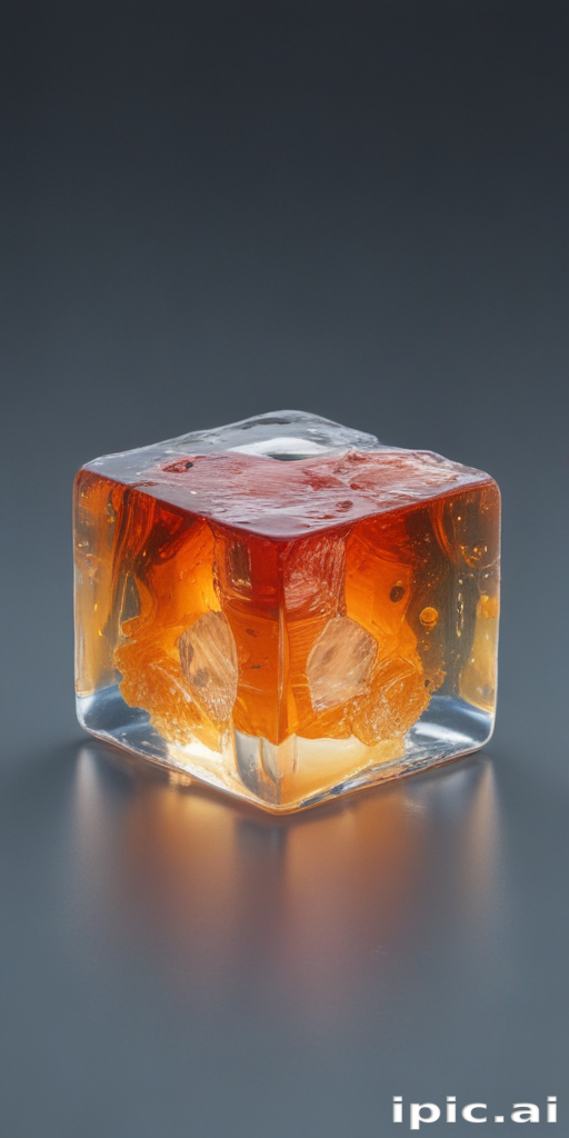 Translucent Ice Cube with Rich Amber Liquid and Bubbles Inside