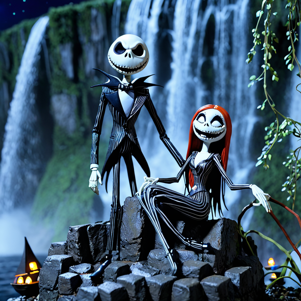 jack skellington and sally sailing over a waterfall at night and laughing