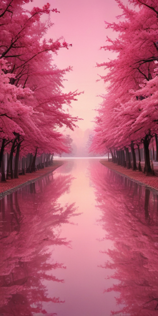 Serene Pathway of Blossoming Cherry Trees Reflecting in Calm Water