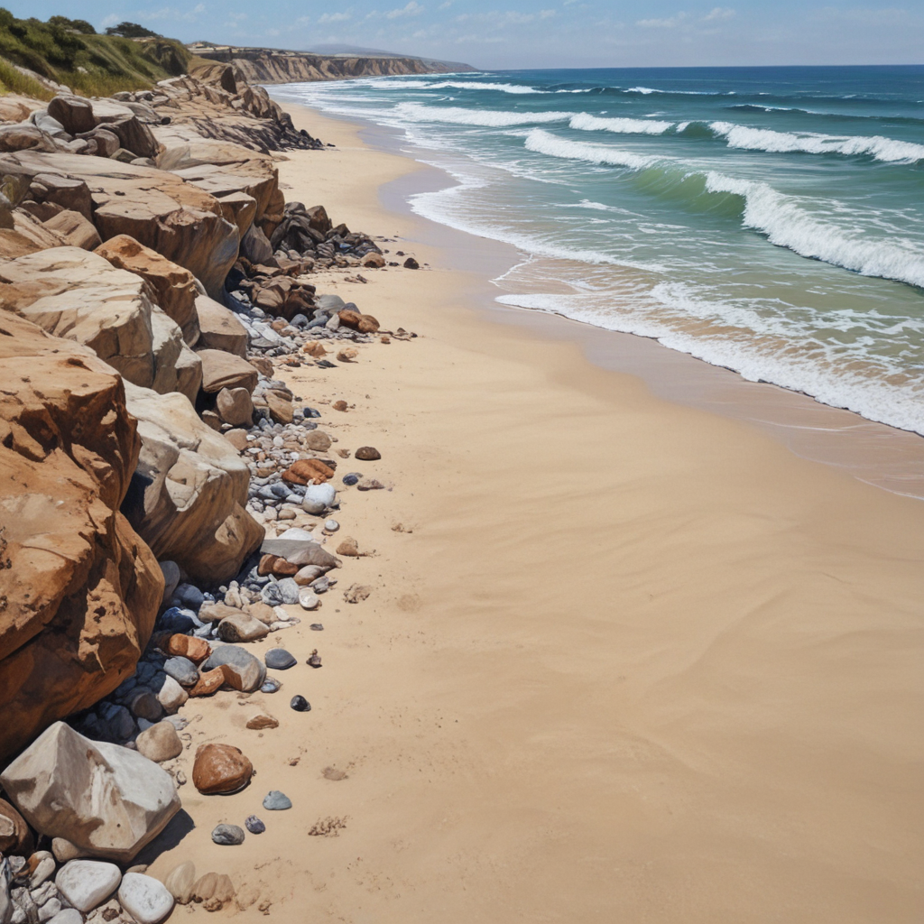 beach oil on canvas trash on sand rocks in background